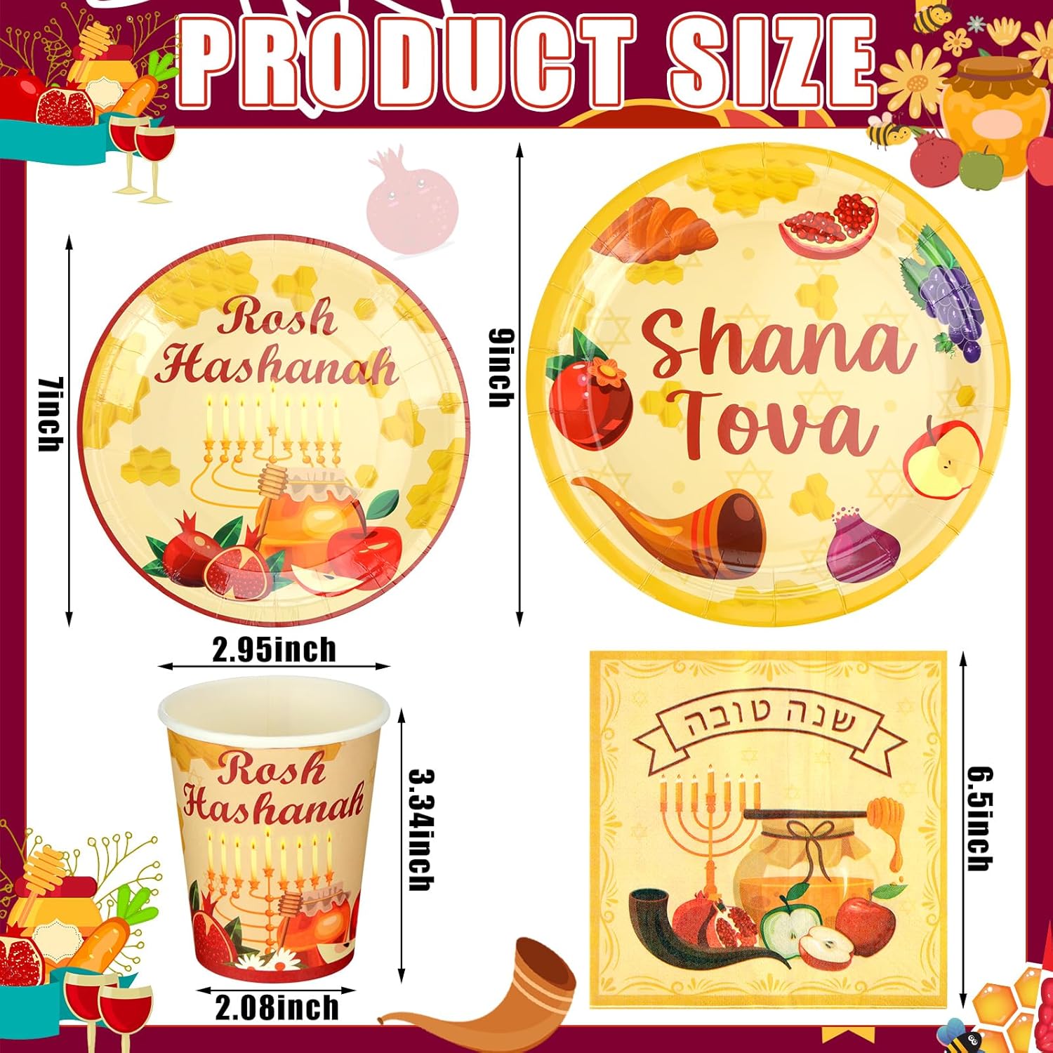 QIHE-200 Pcs Rosh Hashanah Decorations Party Supplies Disposable Dinnerware Set with Rosh ...