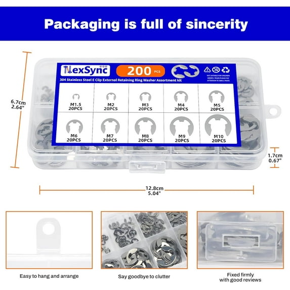 QIHE-200-Piece Metric E-Clips Assortment Kit,304 Stainless Steel ...