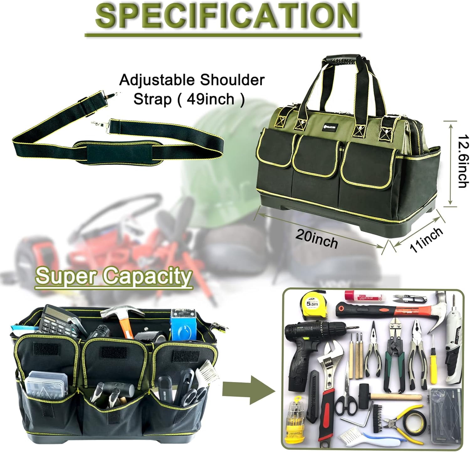 QIHE-20inch Tool Bag for Men Women Heavy Duty with Waterproof Molded ...