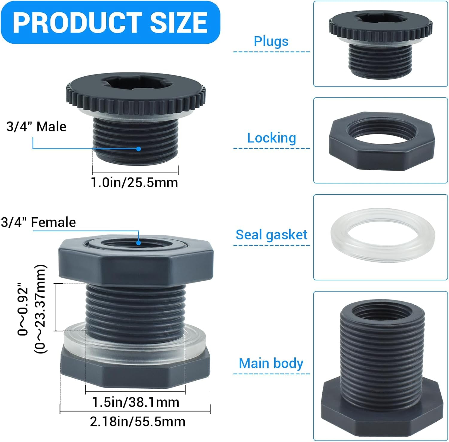 QIHE-3/4 PVC Bulkhead Fittings, Plastic Pipe Connectors Bucket Hose ...