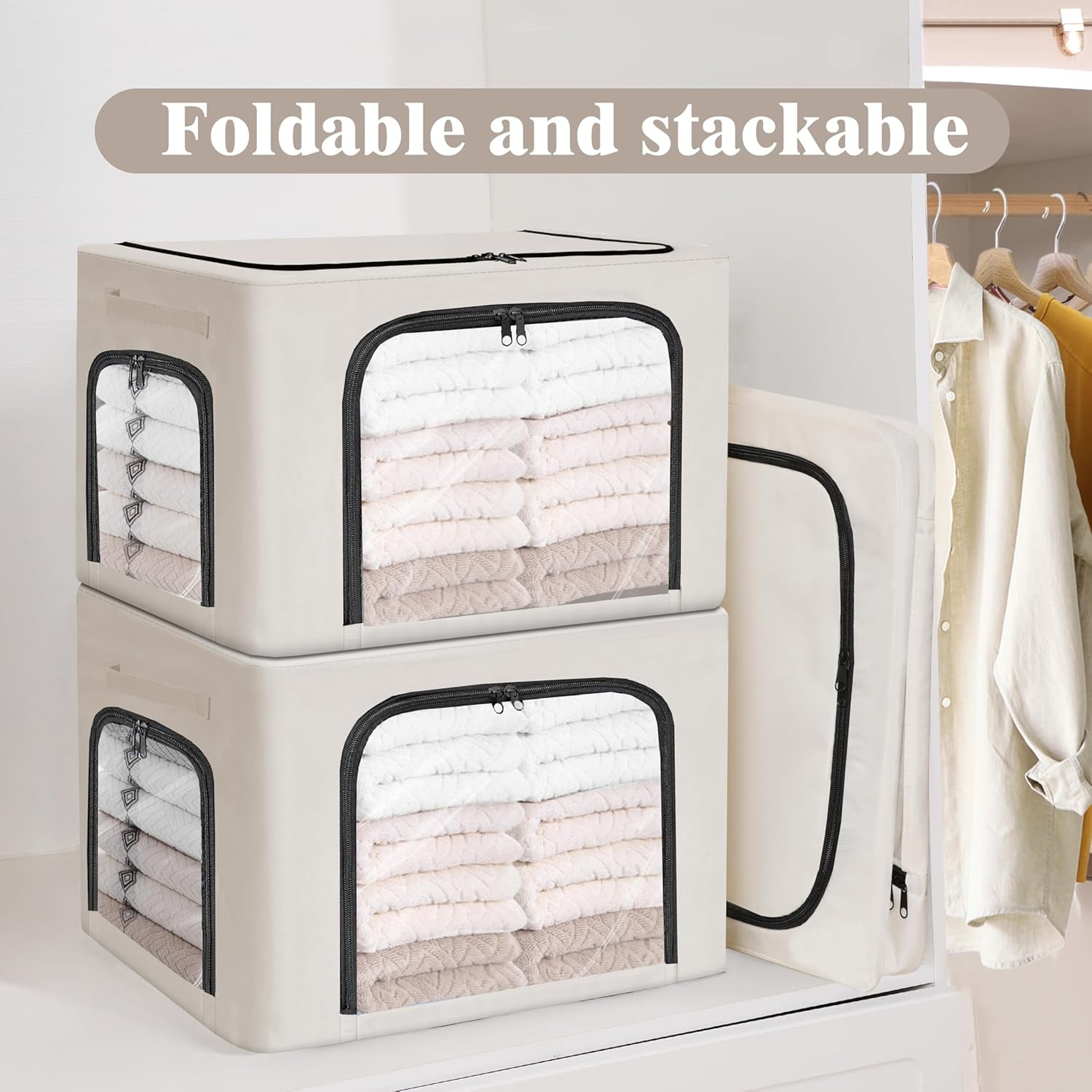 QIHE-3 Pack 40L Stackable Clothes Storage Bins with Metal Frame Handles ...