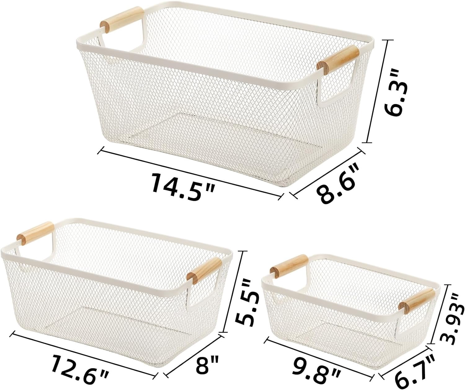 QIHE-3 Pack Metal Mesh Baskets with Wood Handle, Iron Storage Organizer ...