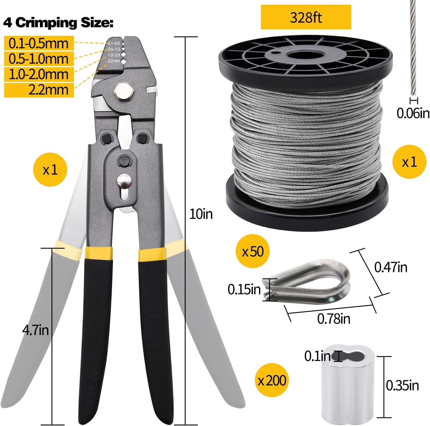 QIHE-328ft Wire Rope Crimping Tool Kit, 1/16" Stainless Steel Wire Rope ...