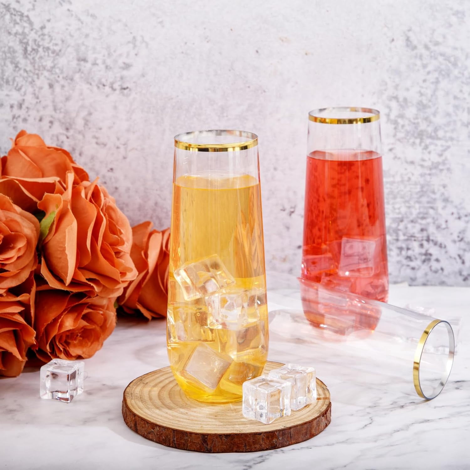 QIHE-36PCS Stemless Plastic Champagne Flutes, 9 Oz Gold Rim Clear ...