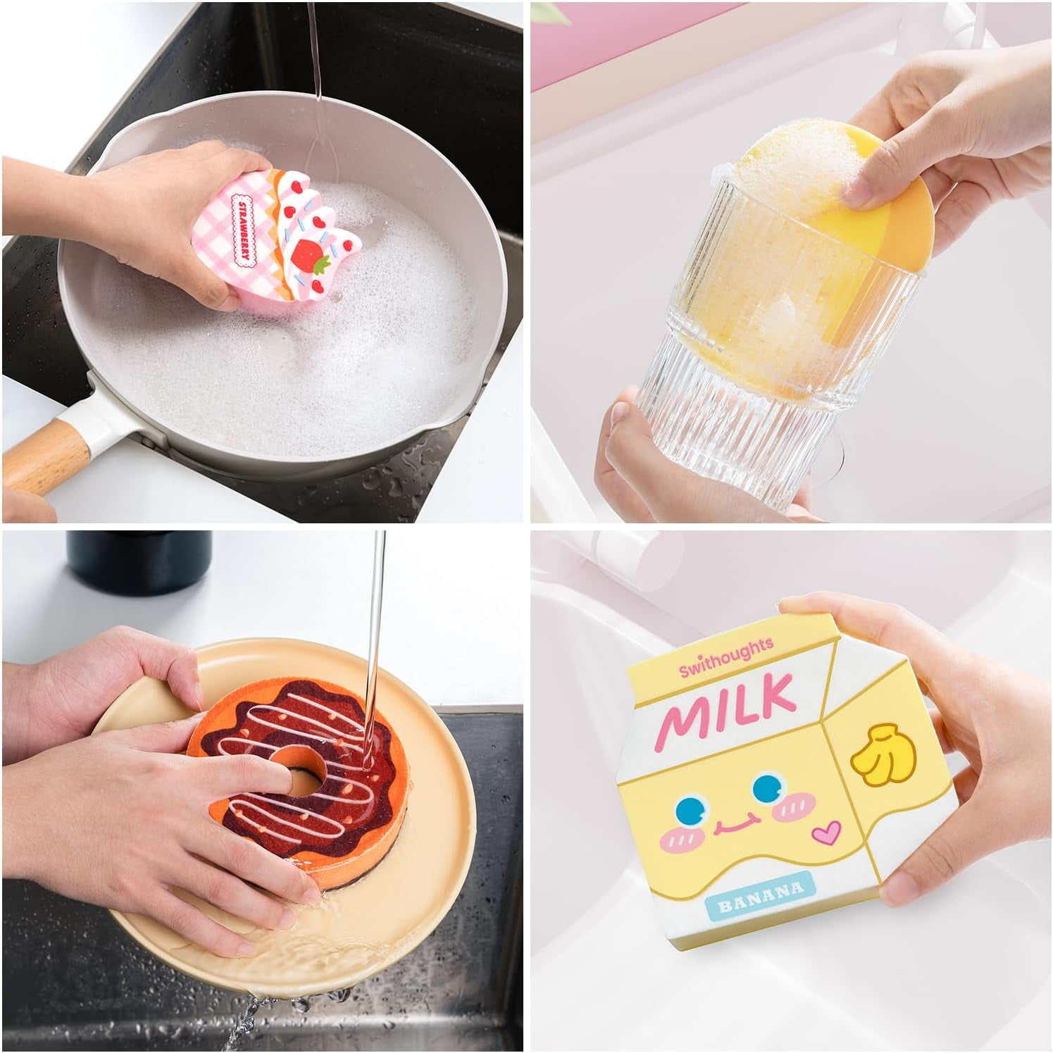 QIHE-4-Piece Milk & Bread Sponge Set (4 Unique Designs) - Double-Sided ...
