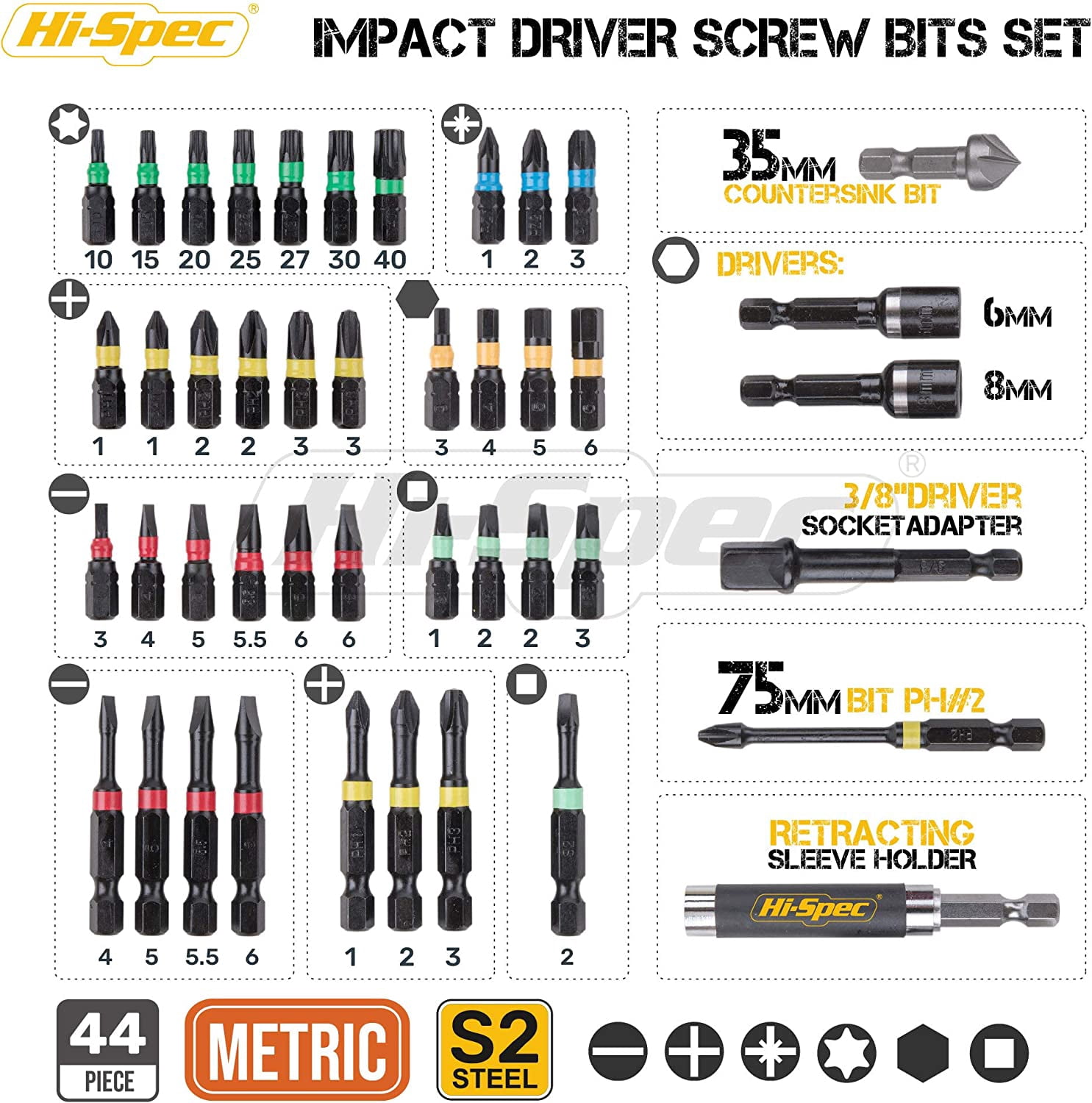 QIHE-44pc Metric 1/4in Impact Screw Driver Bit Set. Hex Shank S2 Steel ...