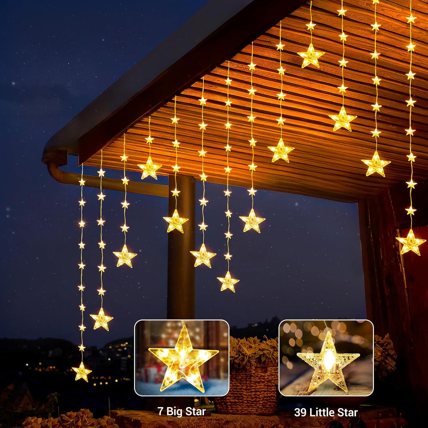 QIHE-46 Stars Curtain Lights, Battery Operated Christmas Star Window ...