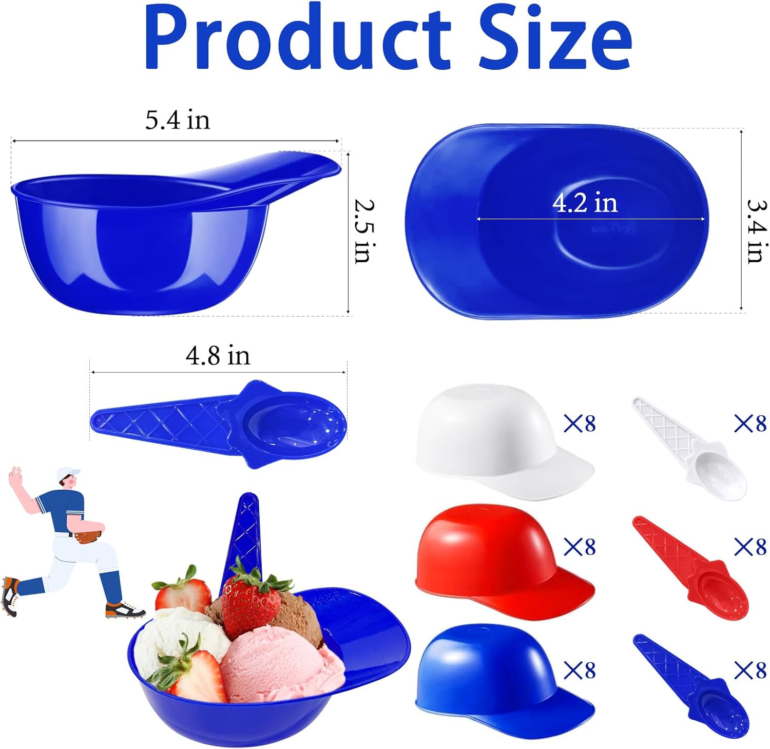 QIHE-48 Pack Baseball Helmet Ice Cream Bowls with Spoons 8 oz Mini Ice ...