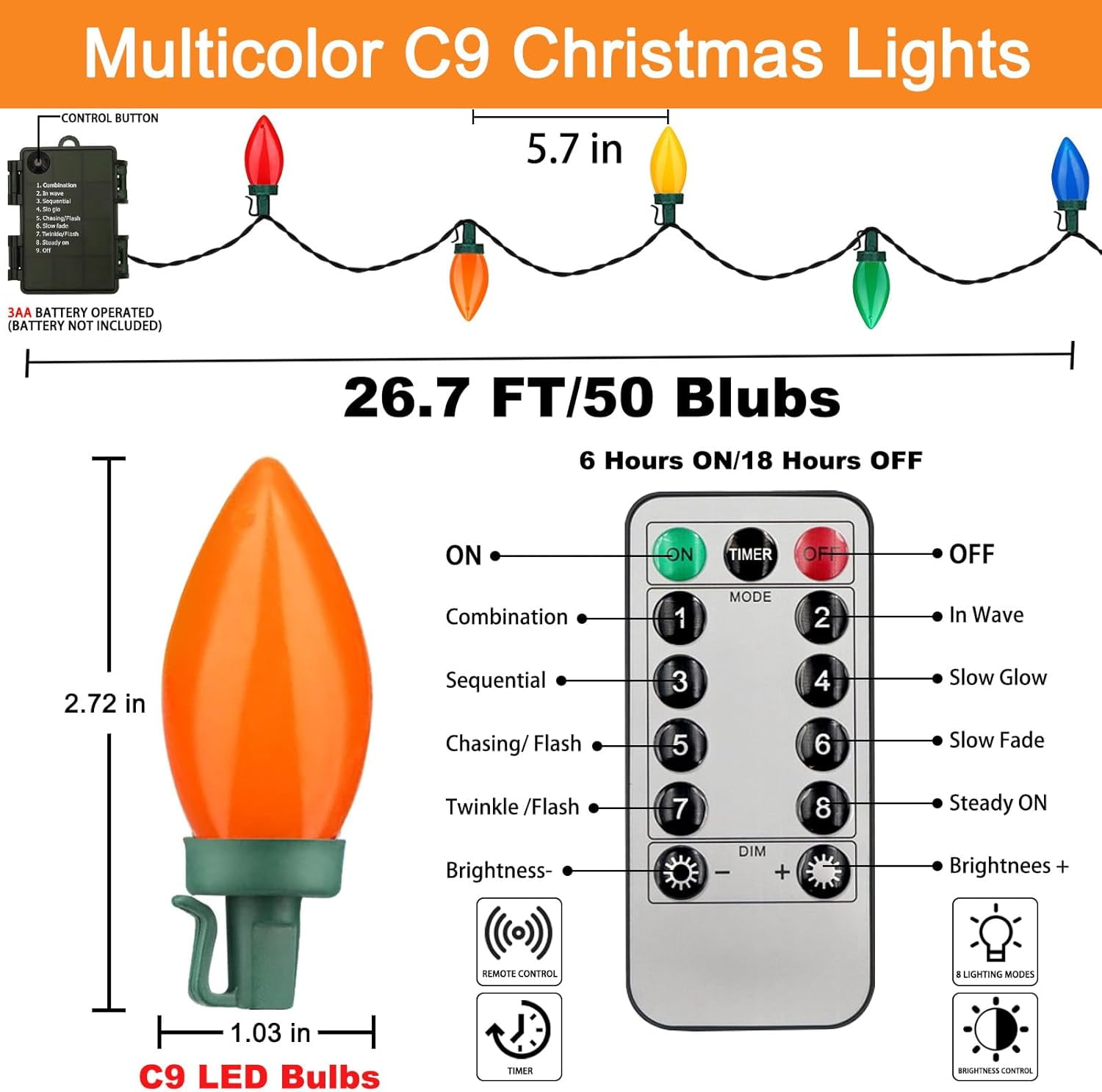 QIHE-50 LED C9 Christmas Lights,26.5Ft C9 Christmas Lights Battery ...