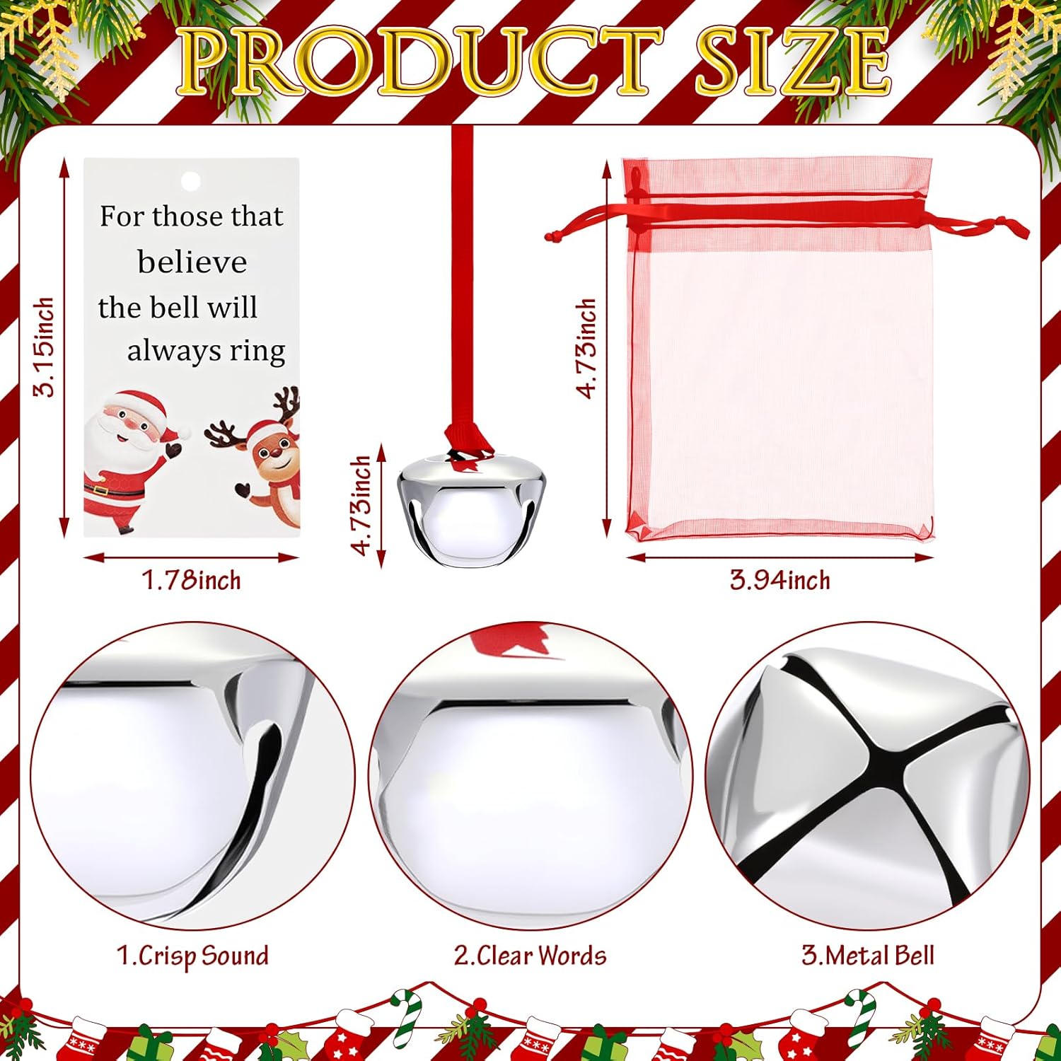 QIHE-50 Pcs Christmas Believe Bell Ornaments 1.5 Inch Santa Sleigh Gift ...
