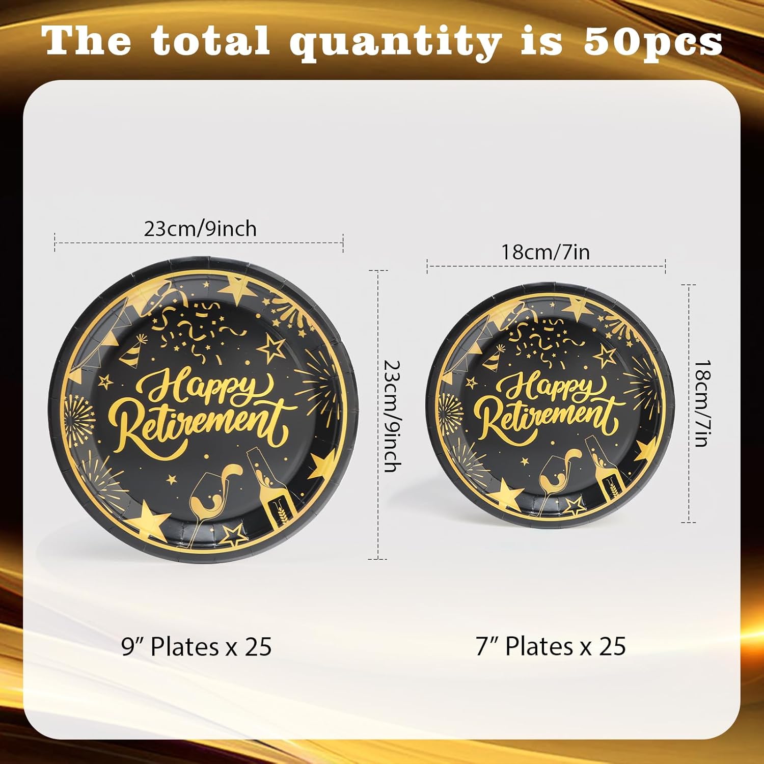 QIHE-50 Pcs Retirement Party Plates, Black and Gold Happy Retirement 9 ...