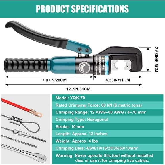 QIHE-6-Ton Hydraulic Crimping Tool with 9 Pairs of Dies, 12 AWG to 2/0 ...