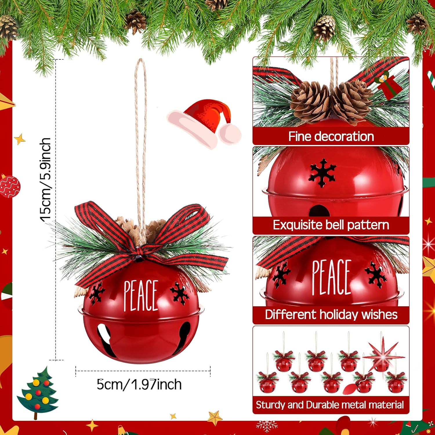 QIHE-9 Pcs Christmas Bells Ornament 3.1" Rustic Christmas Jingle Bell ...