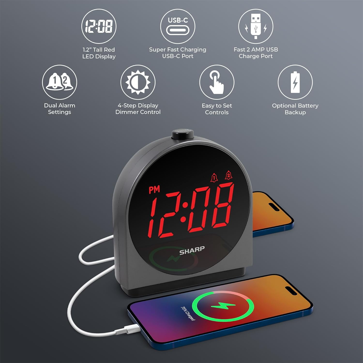 QIHE-Alarm Clock for Bedroom, 2 Alarms, Easy to Read Display, Simple ...