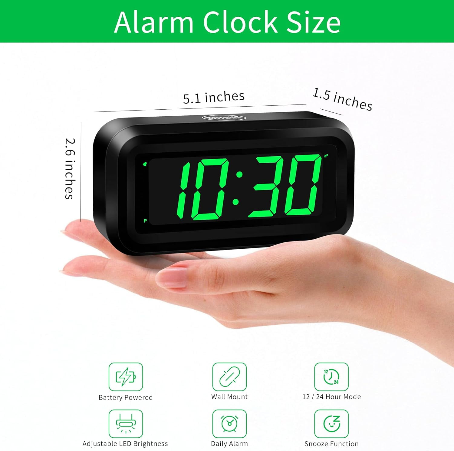 QIHE-Alarm Clock, Small Digital Clock, 1.2inch Green LED Clock ...