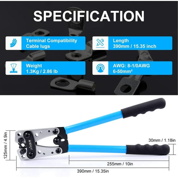 QIHE-Battery Cable Lug Crimping Tool Kit, Electrical Lug Crimper （10-1/ ...