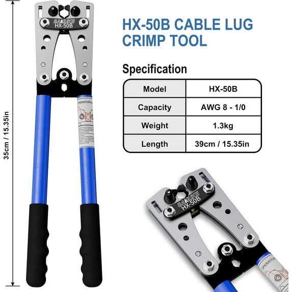 QIHE-Battery Cable Lug Crimping Tool for AWG 8 6 4 2 1/0 Heavy Duty ...