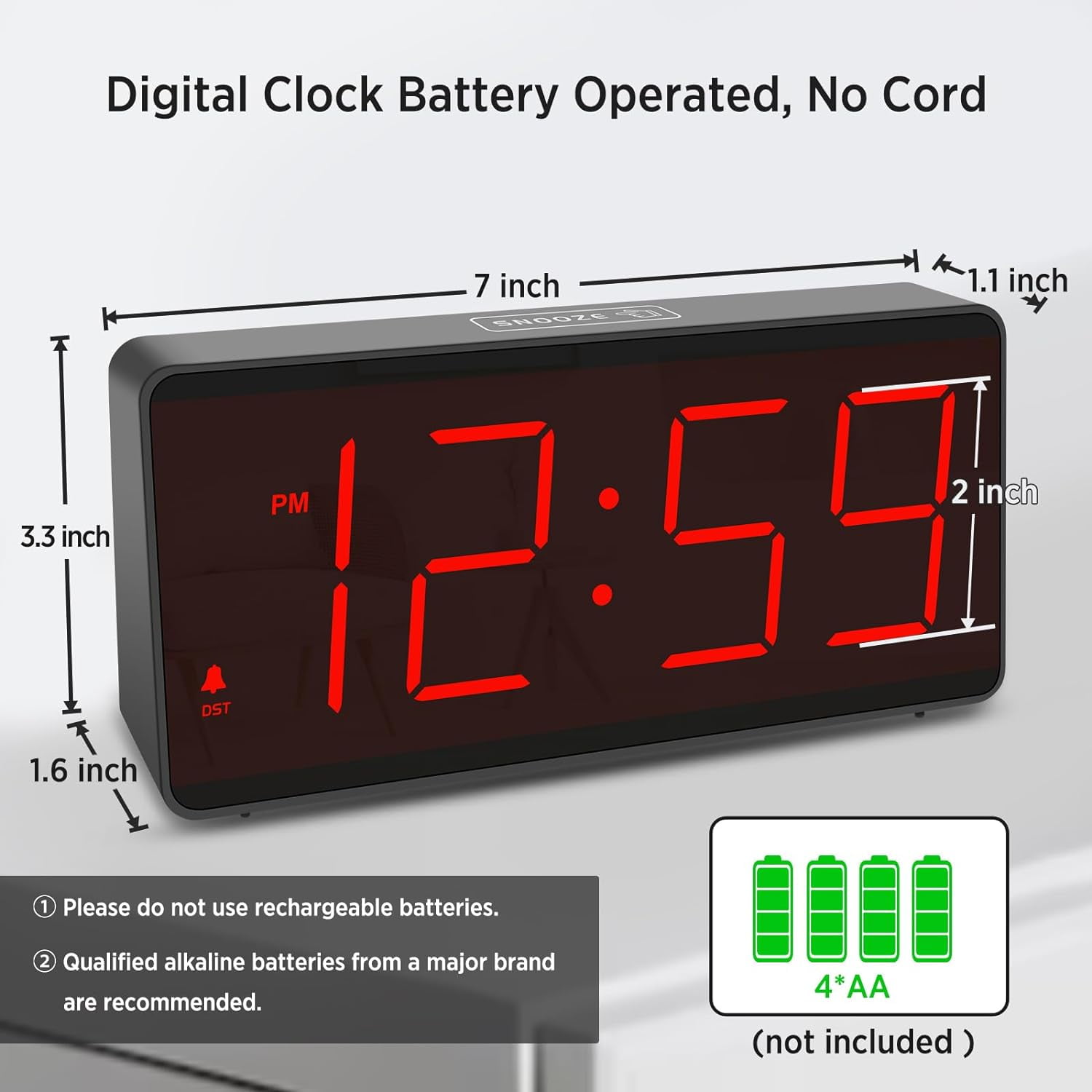 QIHE-Battery Operated Digital Clock, Alarm Clock for Bedrooms ...