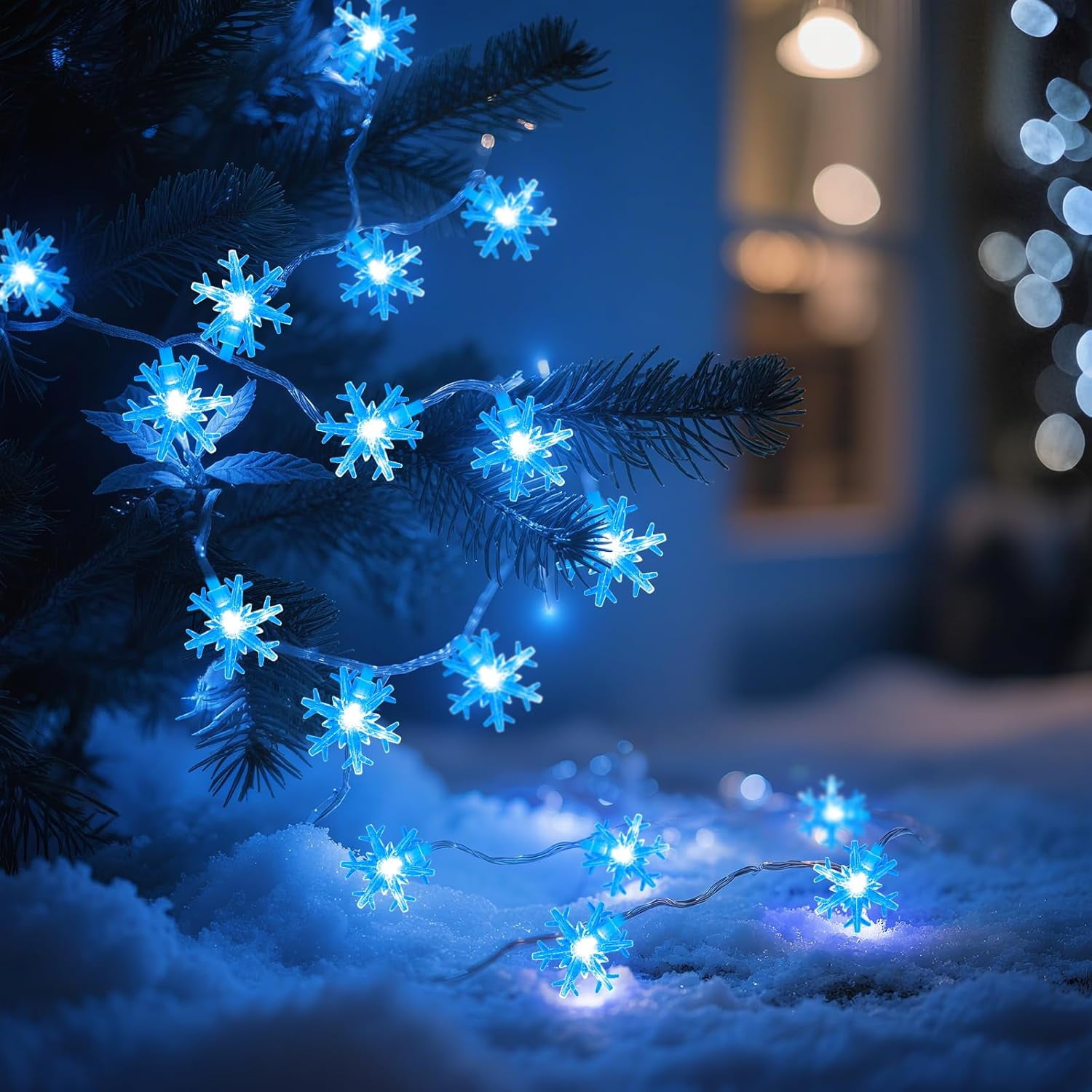 QIHE-Blue Christmas Lights, Snowflake String Lights, 20FT 40 LED Mini ...
