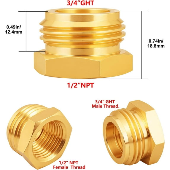 QIHE-Brass Pipe to Garden Hose Adapter Connect 3/4" GHT male x 1/2" NPT ...