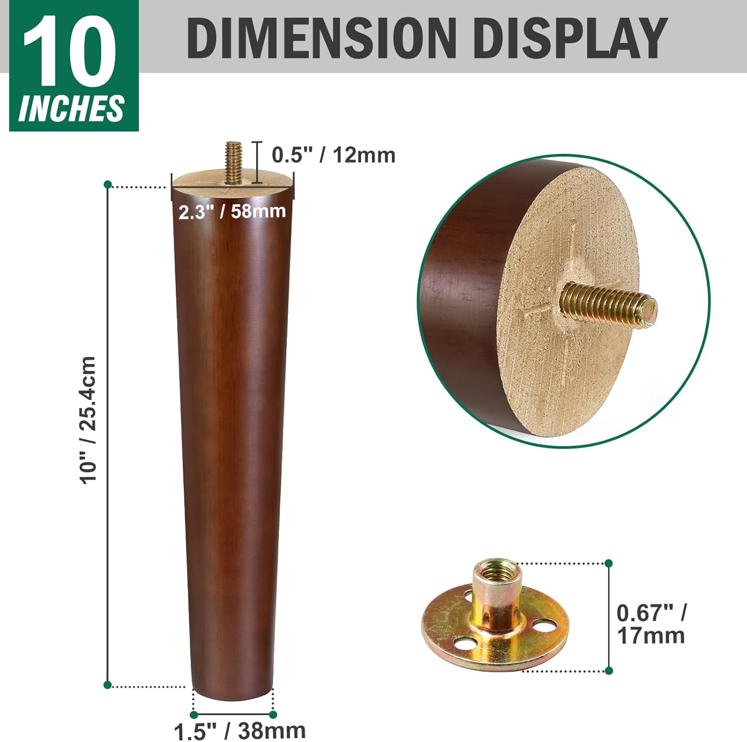 QIHE-Brown Rubber Wood Furniture Legs 10 Inches, Straight Tapered Wood ...