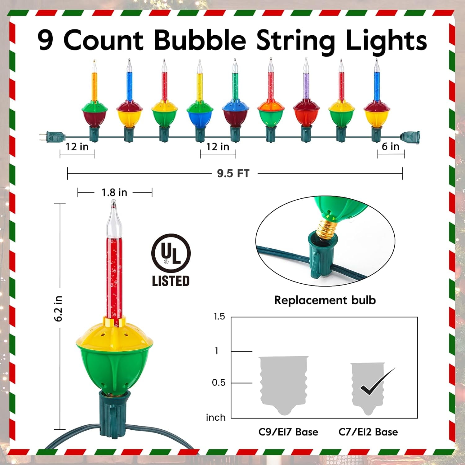 QIHE-Bubble String Lights - 6.5ft 9 Counts Christmas Light Bulb ...
