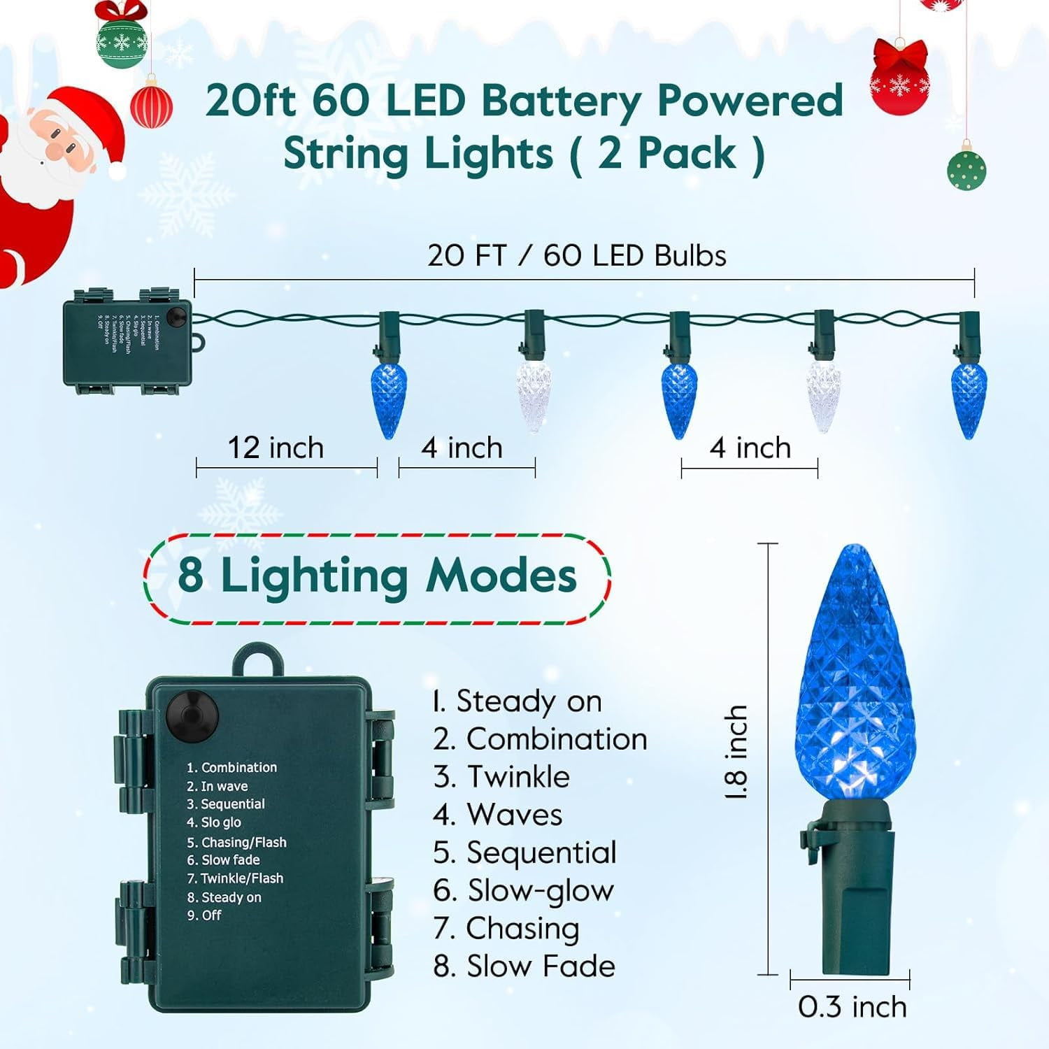 QIHE-C6 LED Christmas String Lights - 2 Pack Each 20ft 60LED Battery ...