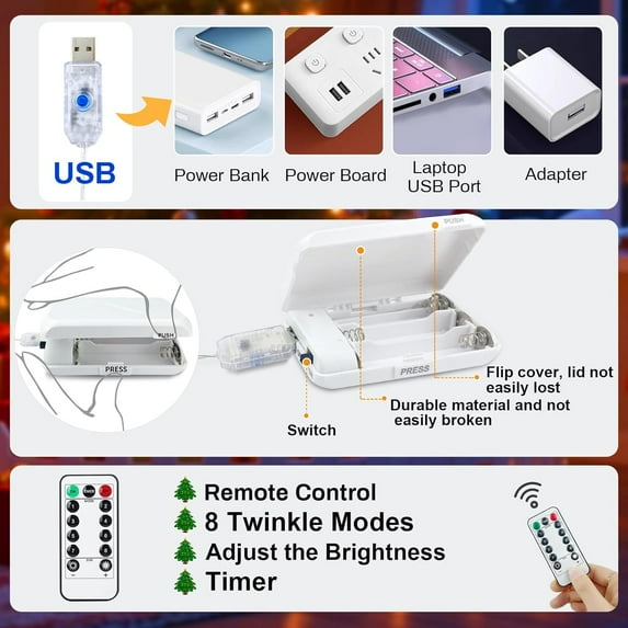 QIHE-Christmas String Lights Decorations, 50 LED Timer Function ...