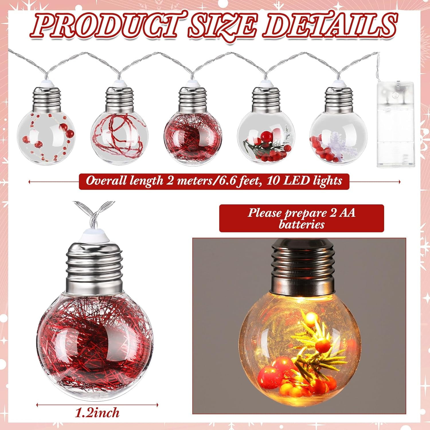 QIHE-Christmas Tree Snow Globe String Lights 6.56 FT 10 LED Xmas Light ...