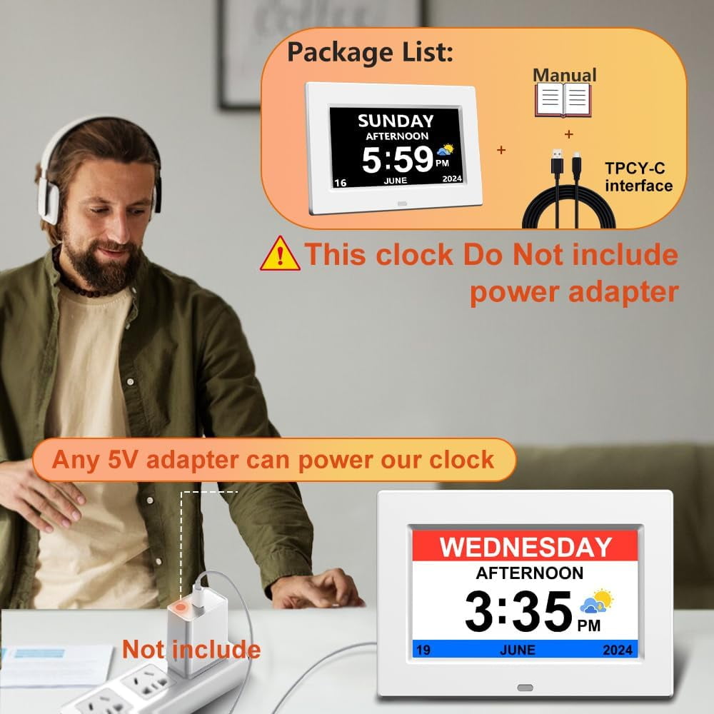 QIHE-DST Digital Clock with Date and Day of Week for Elderly-12 Alarms ...