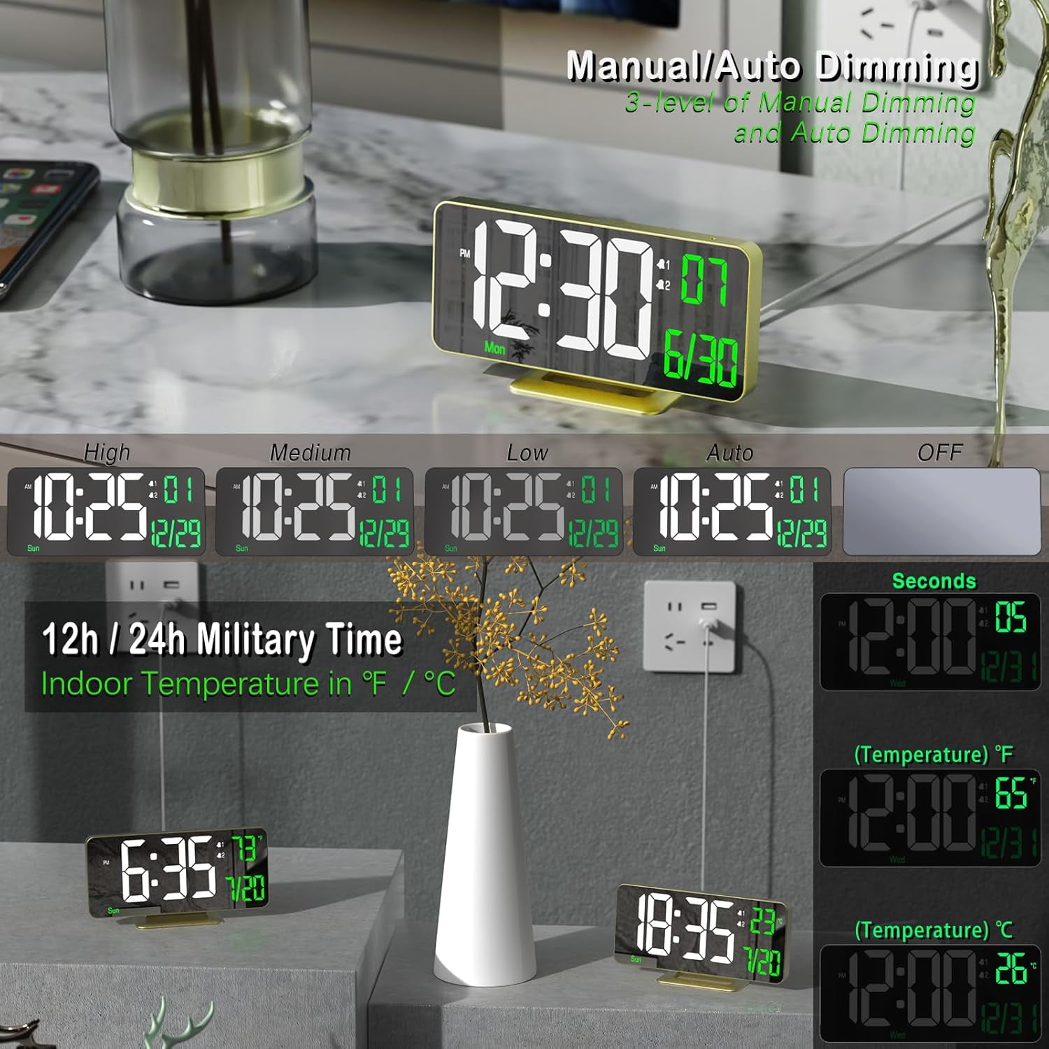 QIHE-Desk Clock for Bedroom Accessories 6.7in Gold Digital Alarm Clock ...