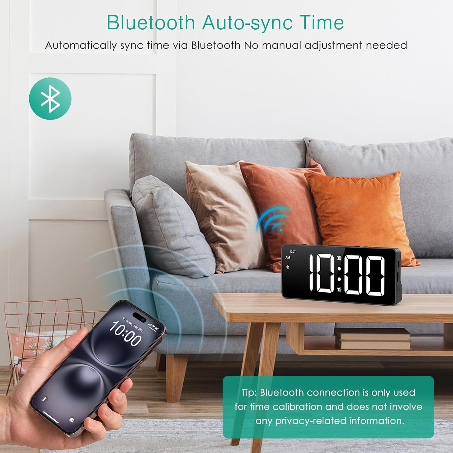 QIHE-Digital Alarm Clock, LED Bedroom Clock with Bluetooth Sync Time ...