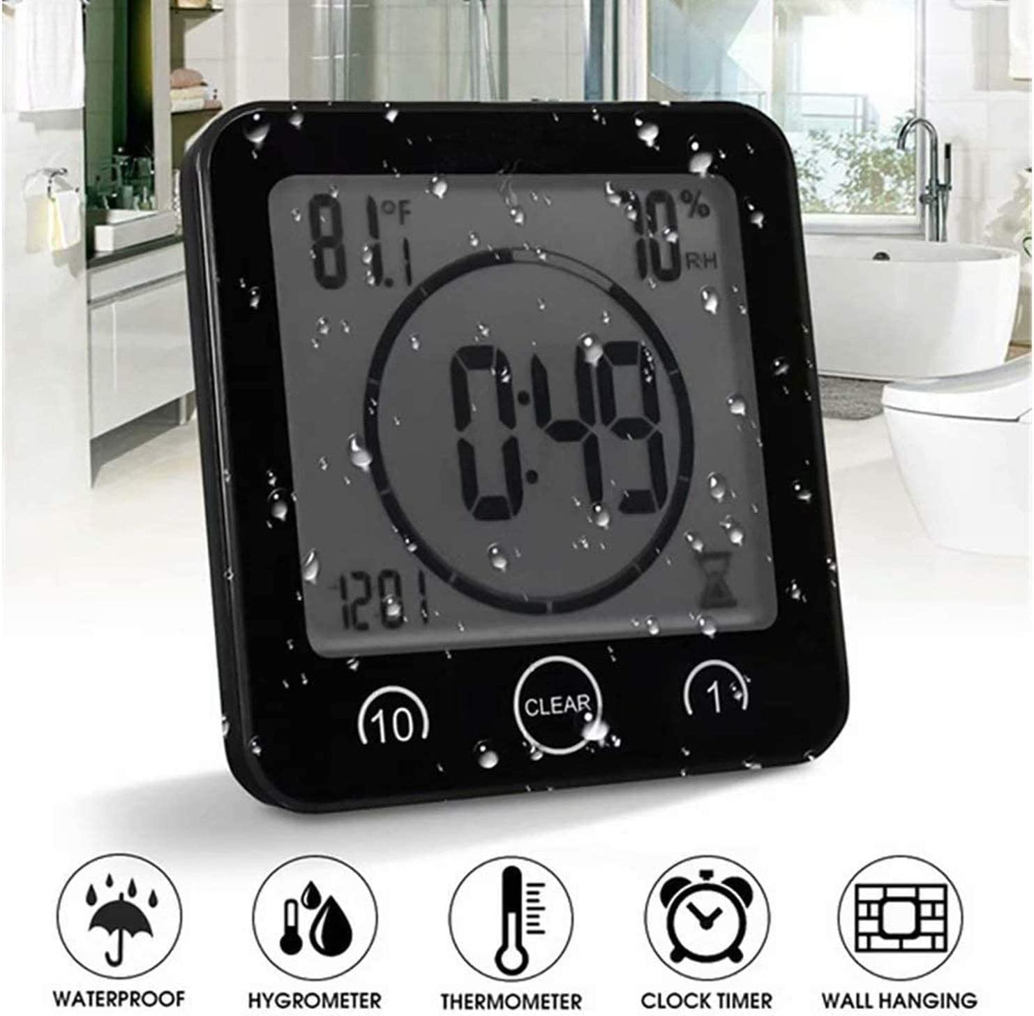 QIHE-Digital Bathroom Shower Wall Clock Timer with Alarm with Big LCD ...