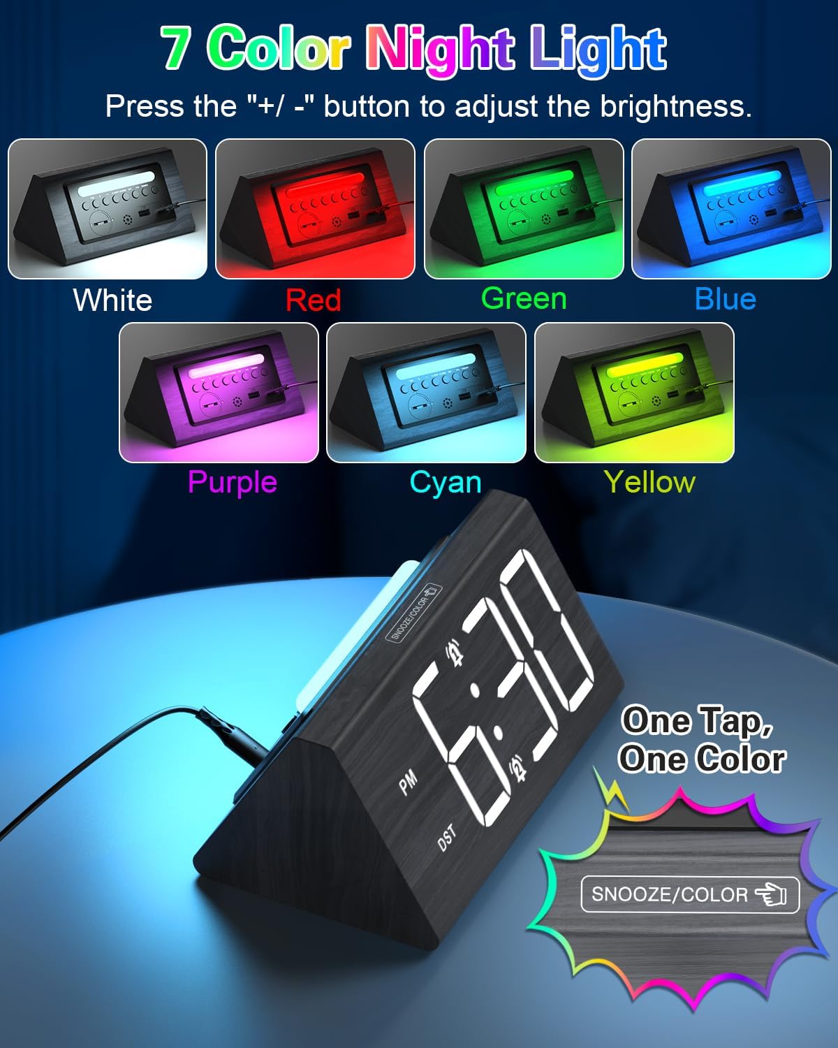 QIHE-Digital Clock, Wooden Digital Alarm Clocks with 7 Colors Ambient ...