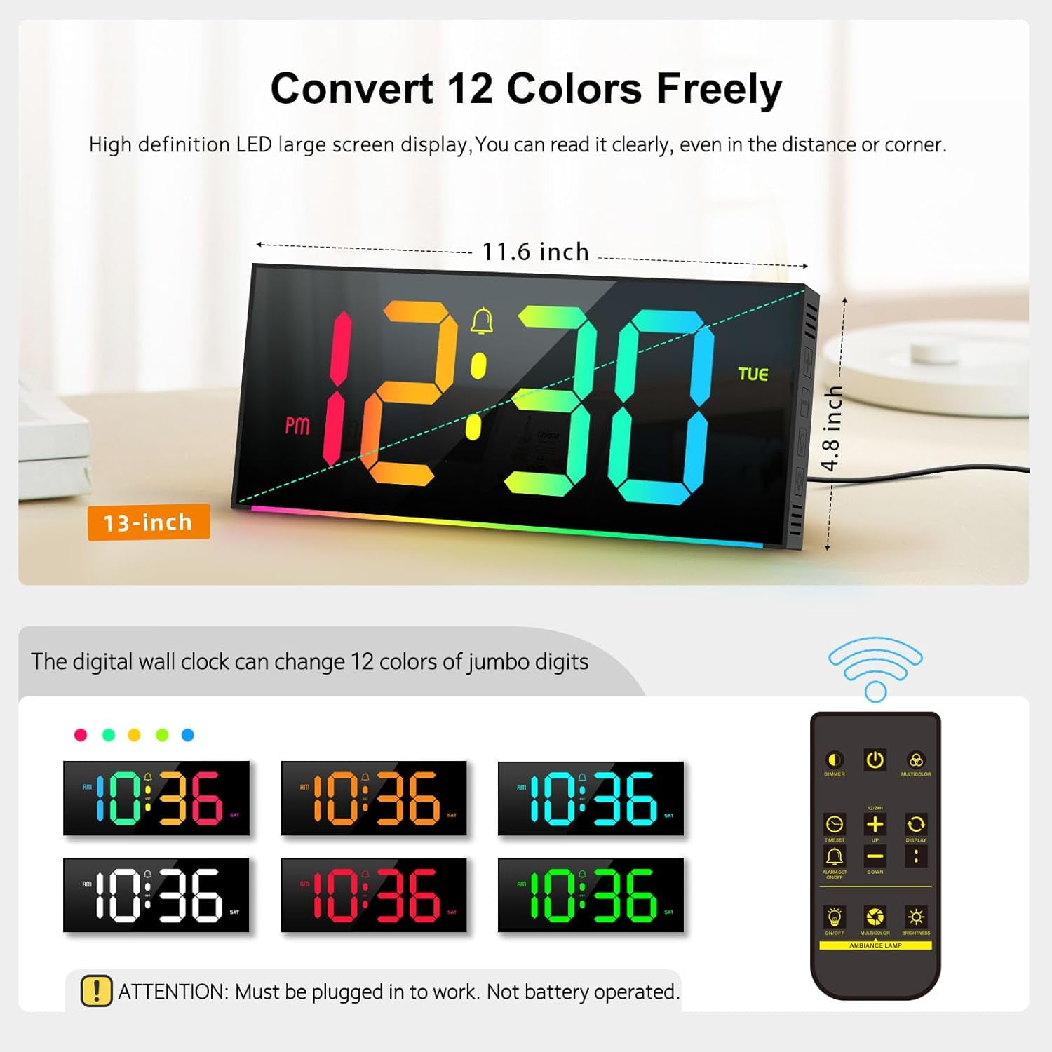 QIHE-Digital Wall Clock Large Display, 13" Alarm Clock with 12 RGB ...