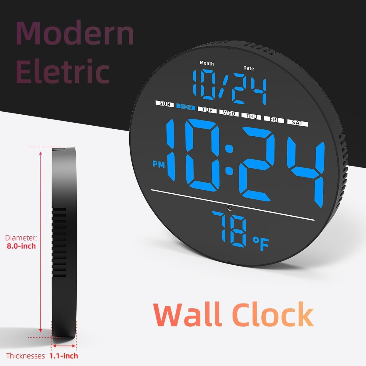 QIHE-Digital Wall Clock with Large LED Display, Date, Temperature, Auto ...