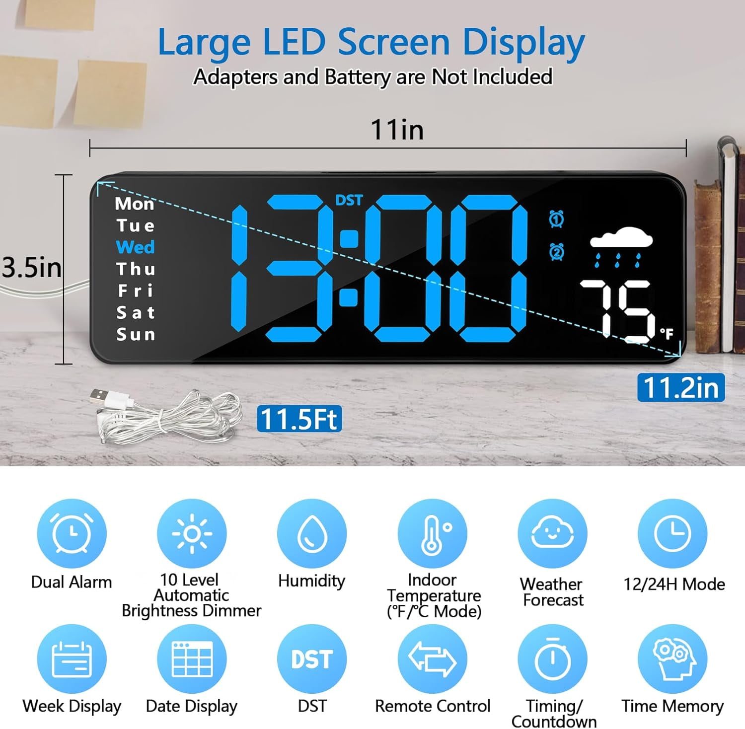 QIHE-Digital Wall Clock with Remote Control, Large Display Plug in LED ...