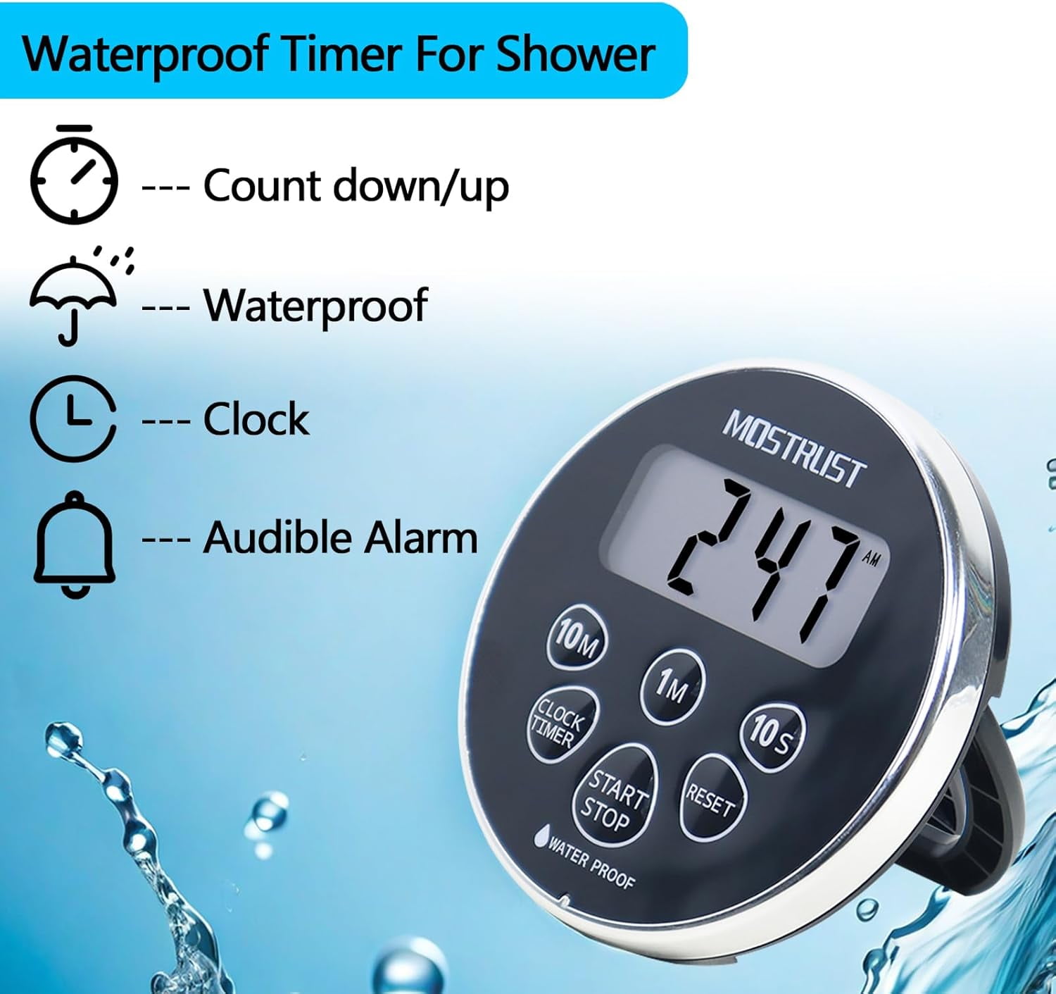 QIHE-Digital Waterproof Shower Timer Clock, Bathroom Countdown Kitchen ...