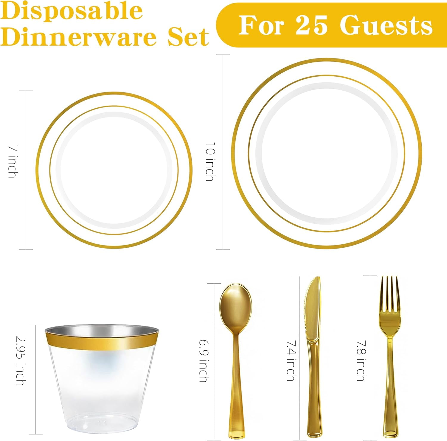 QIHE-Disposable Dinnerware Set for 25 Guests, White Plates with Gold ...