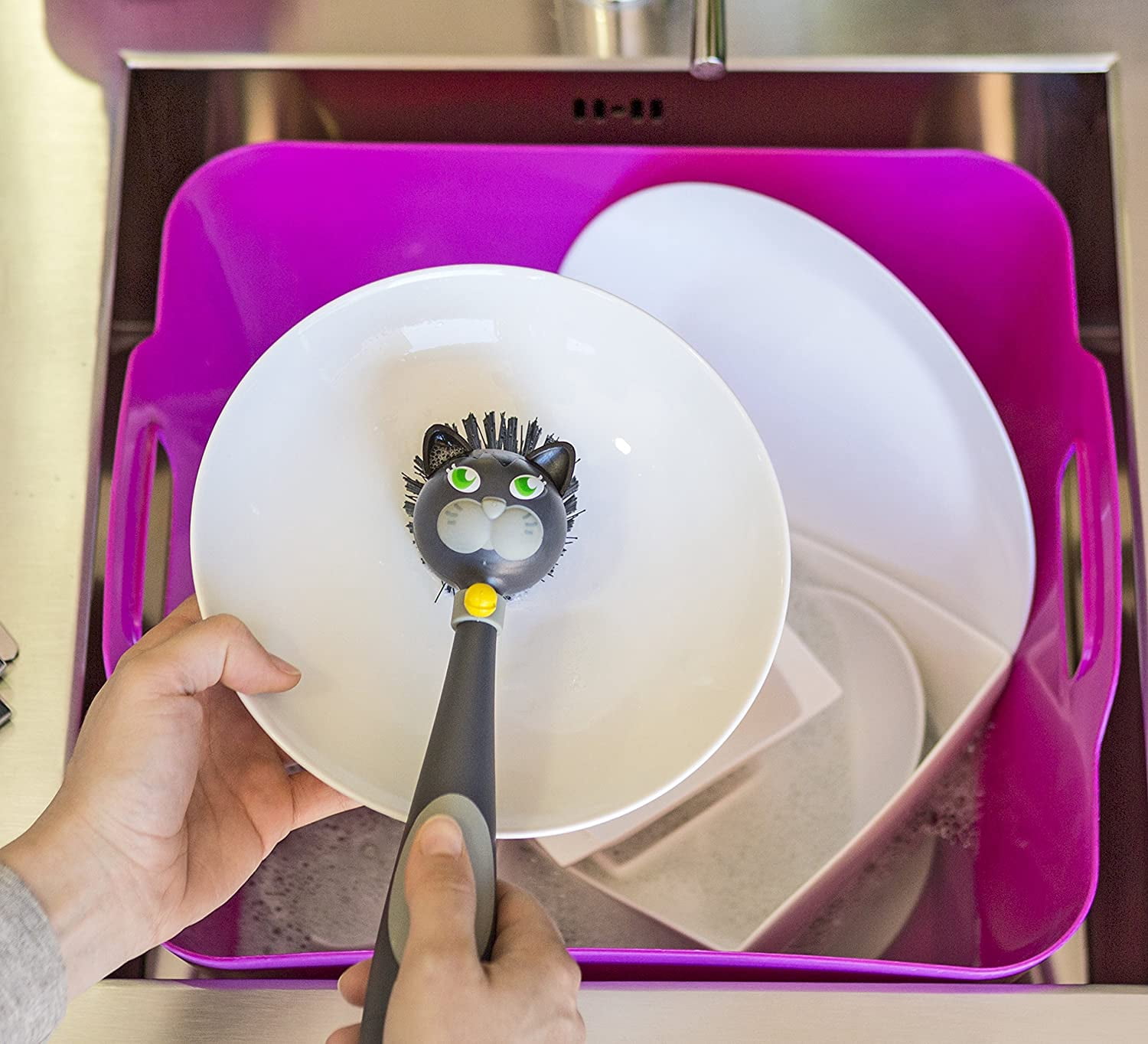 QIHE-Felix Cat-Shaped Soap Dispensing Dish Brush, Dish Brush with Soap ...