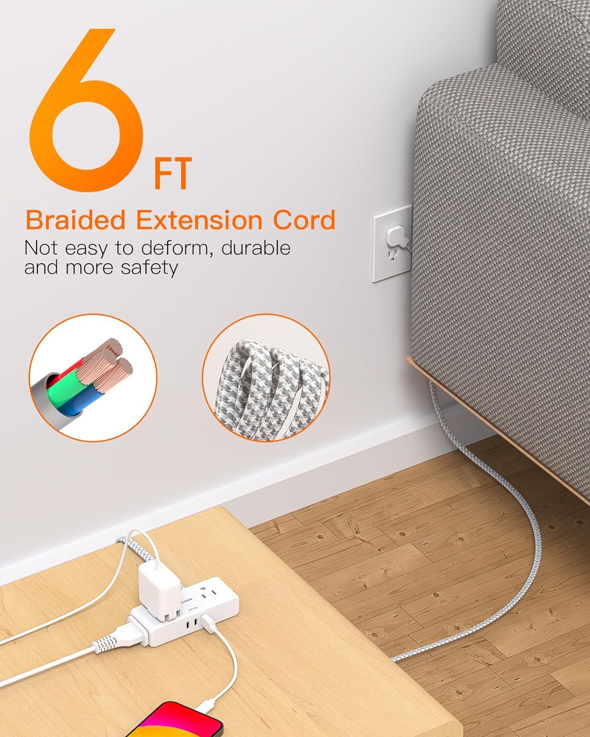 FUGEE-Flat Extension Cord 6 feet, Flat Plug Power Strip, 4 Widely Outlets with 3 USB Ports (2 ...