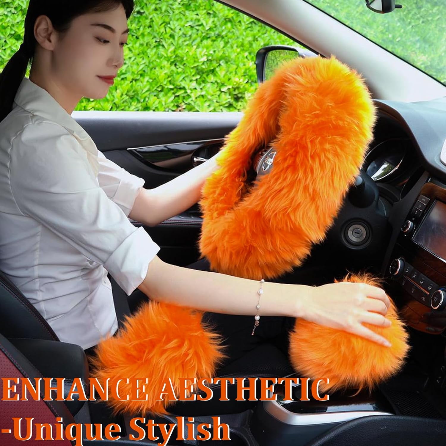 QIHE-Fuzzy Genuine Sheepskin Steering Wheel Cover Set for Women Parents ...