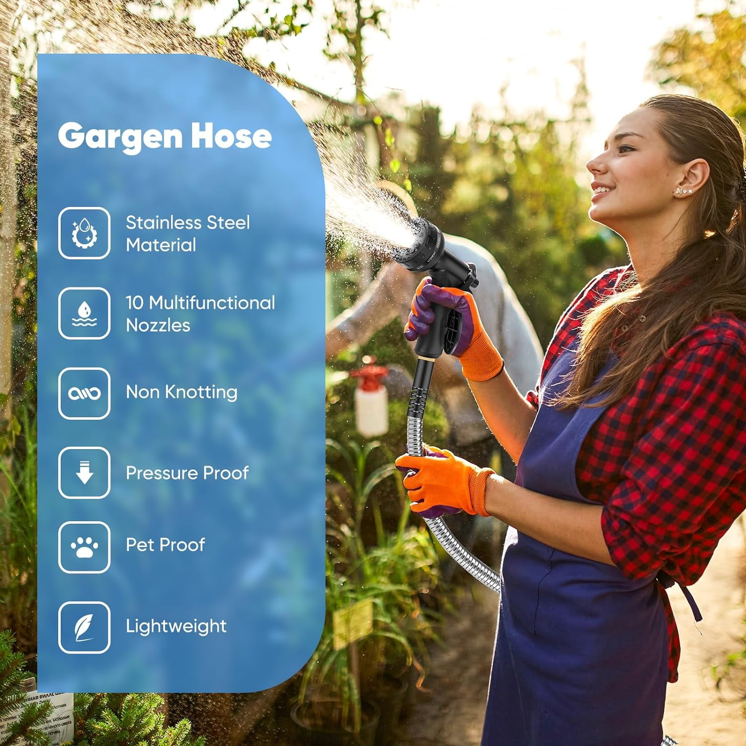 QIHE-Garden Hose 50 FT, Metal Stainless Steel Water Hose with 10 ...