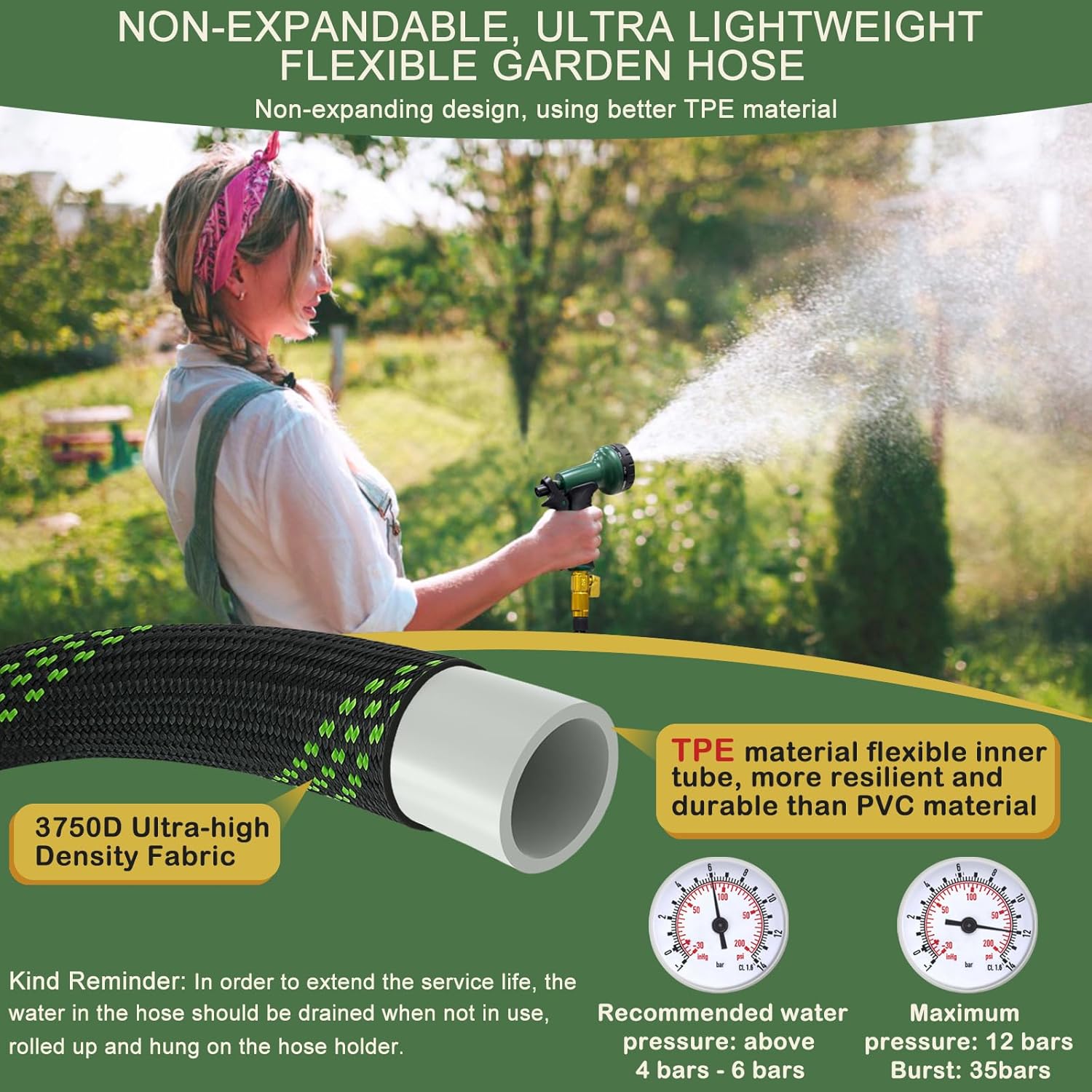 QIHE-Garden Hose Non-Expandable 50 ft, Lightweight Flexible Water Hose ...