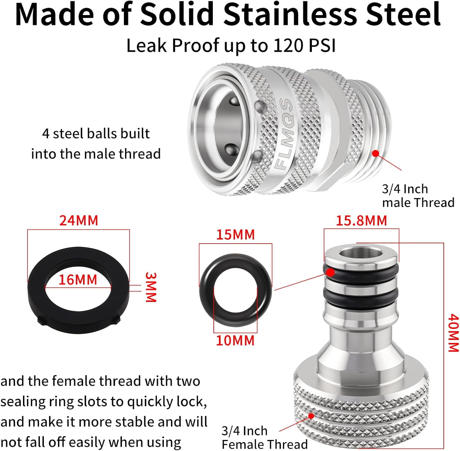 QIHE-Garden Hose Quick Connect, Solid Stainless Steel 3/4 inch GHT ...