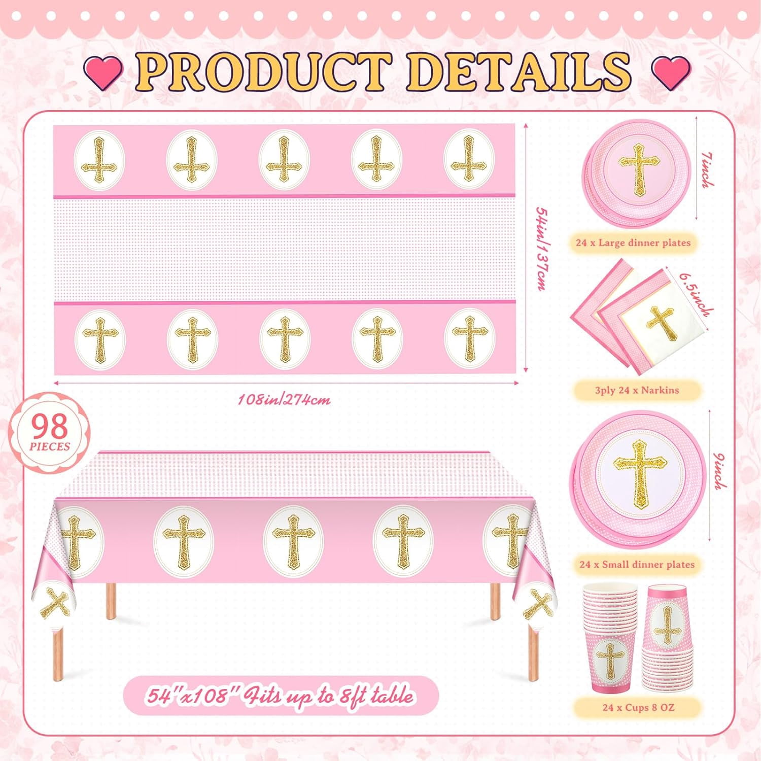 QIHE-Girls Baptism Party Supplies, Including Set of 24 Pink Cross ...