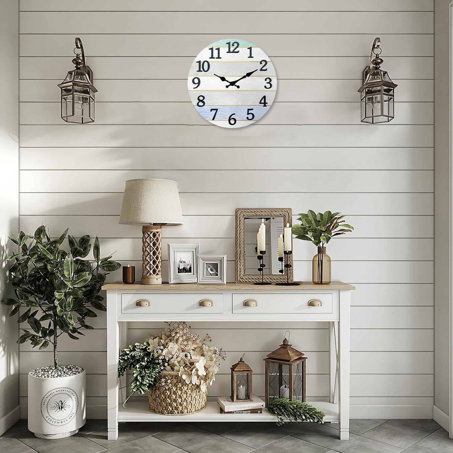 QIHE-Grey Solid Wood Wall Clock Battery Operated Analog Farmhouse Wall ...