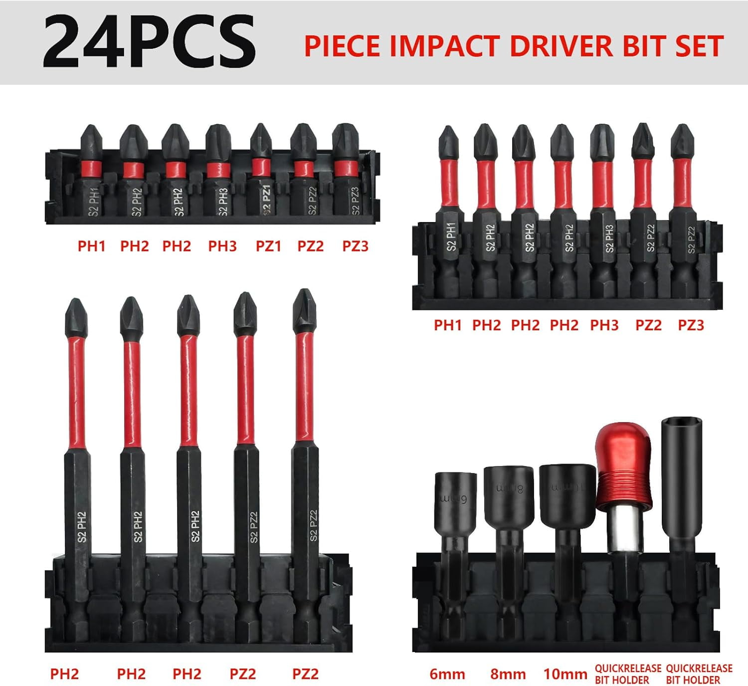 QIHE-Greywolf Impact Driver Bit Set, 24 Piece 1/4" Impact Driver Bit ...