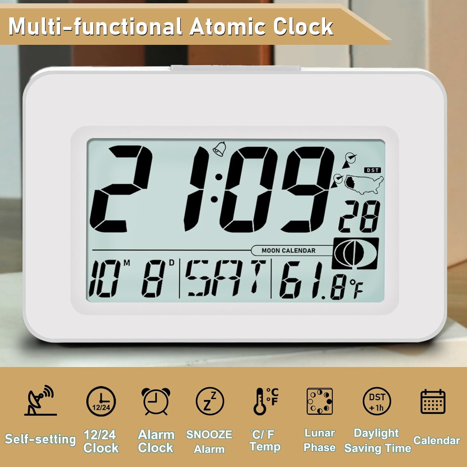 QIHE-Handy Atomic Alarm Clock - 6'' Battery Operated Digital Clock with ...