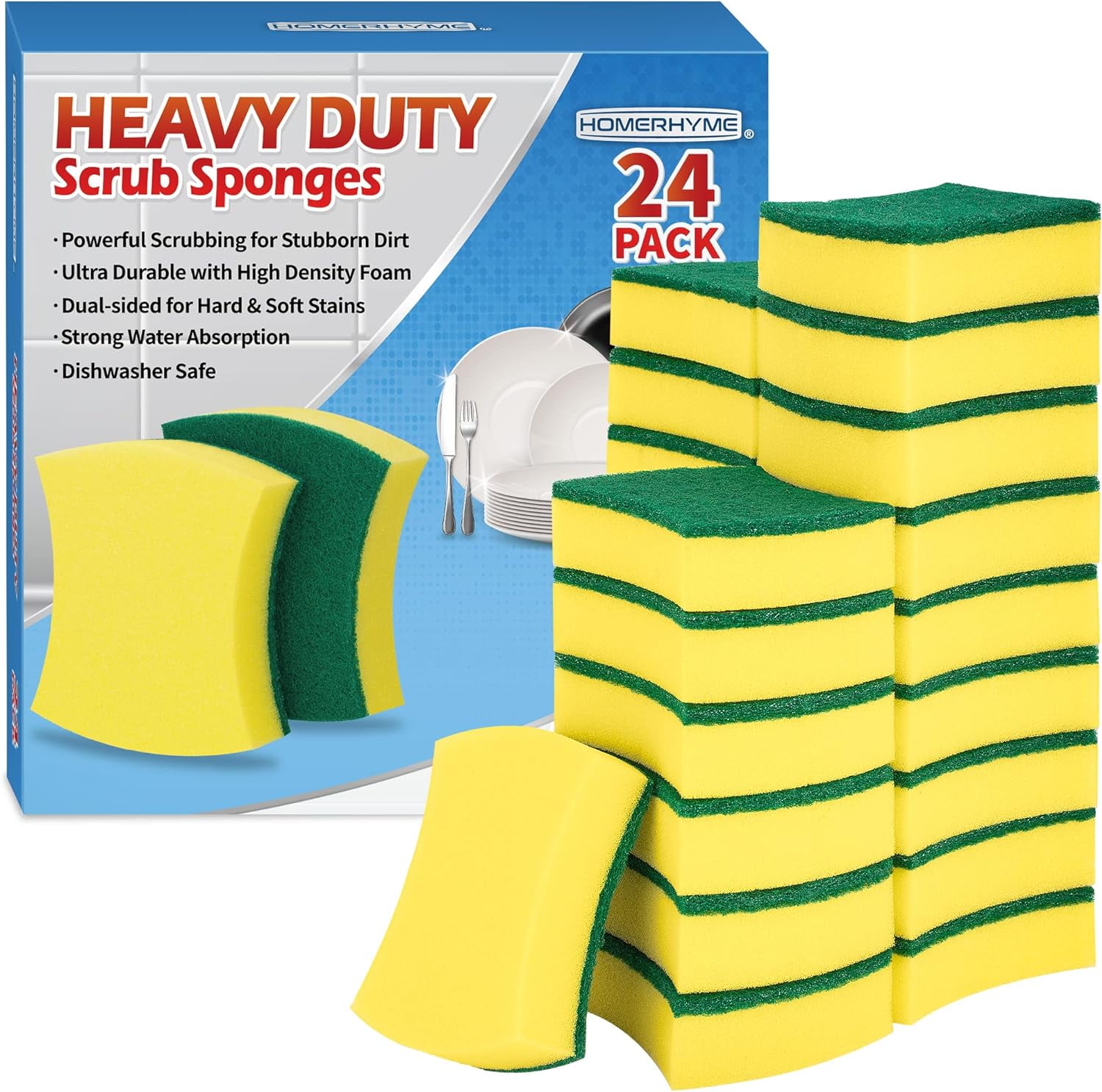 QIHE-Heavy Duty Scrub Sponge 24 Pack, Double-Side Design, with ...